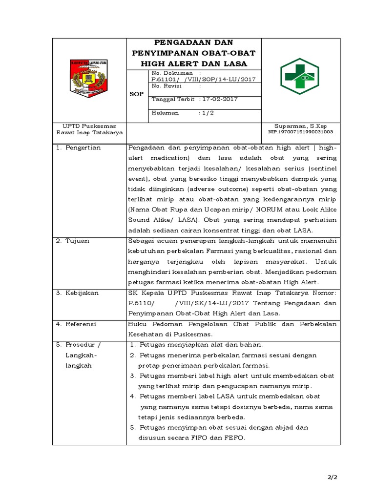 SOP Pengadaan Obat High Alert & LASA | PDF | Pengembangan Diri