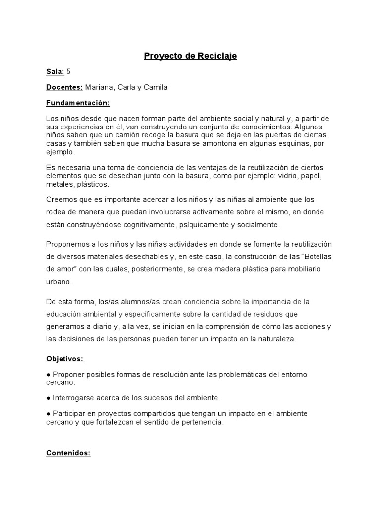 Proyecto De Reciclaje Pdf Residuos Reciclaje