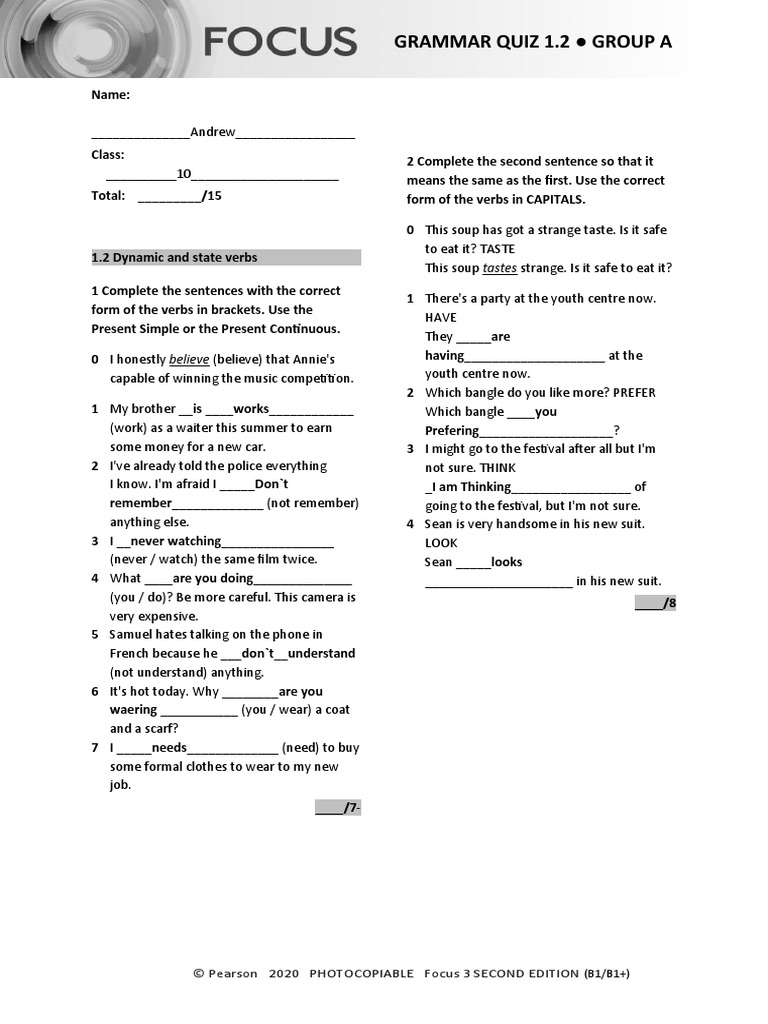Focus3 2E Grammar Quiz Unit1 2 GroupA | PDF | Linguistic Morphology | Language Mechanics