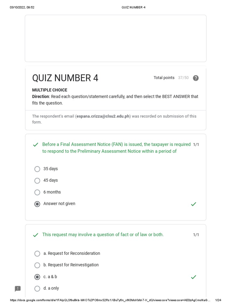 Quiz Number 4 | PDF | Taxes | Taxpayer