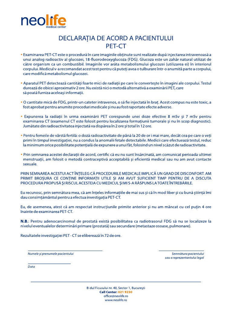 Declaratie de Acord A Pacientului Pentru Examinarea PET CT | PDF