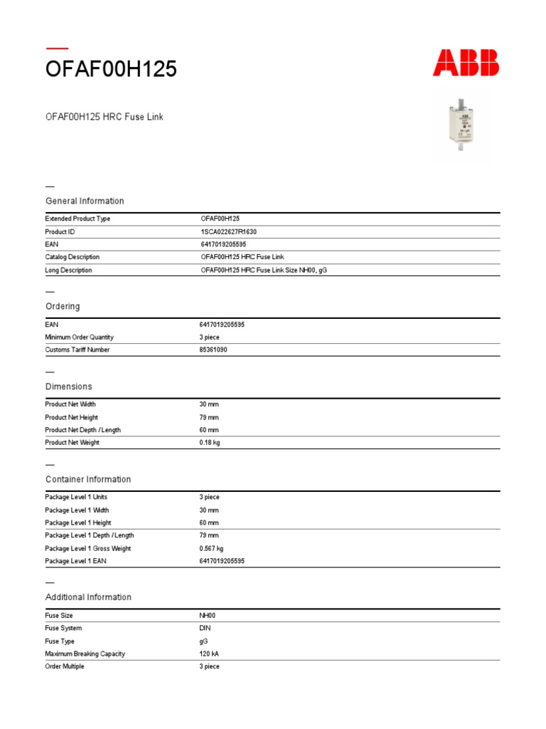 1SCA022627R1630 Ofaf00h125 HRC Fuse Link | PDF