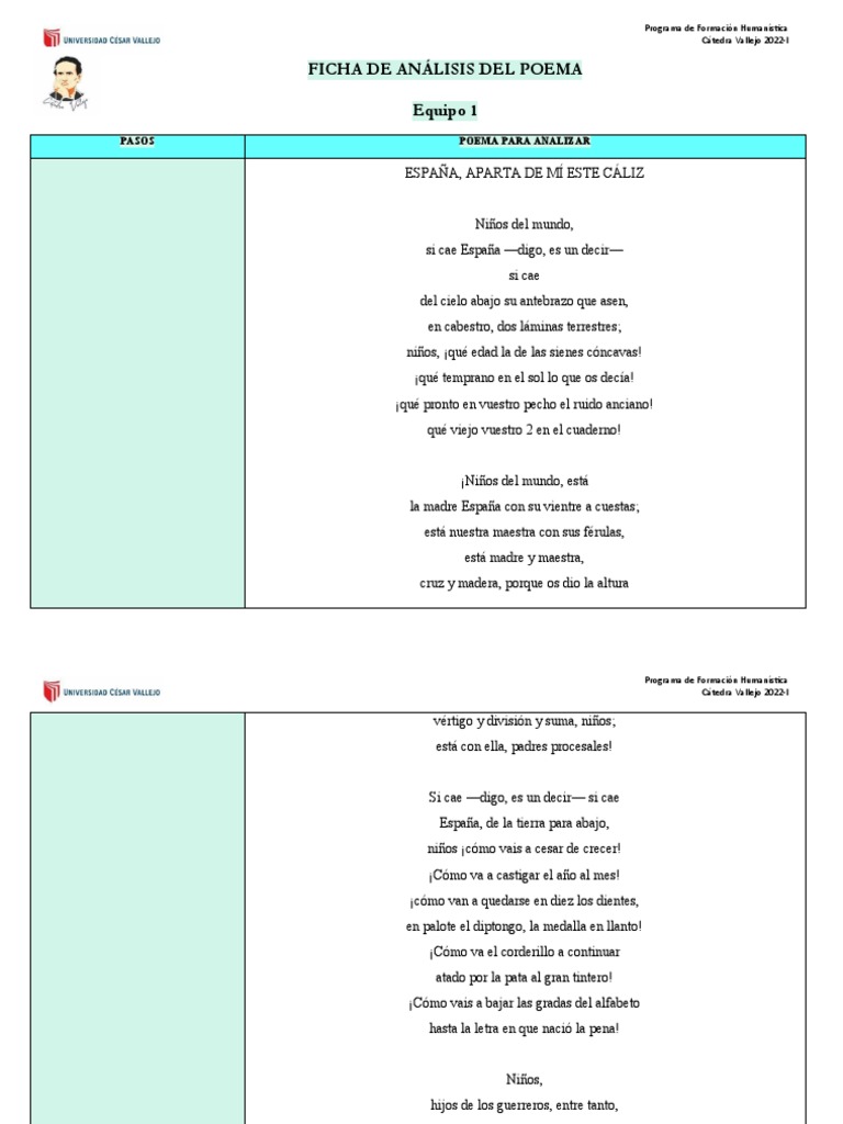 Ficha de Interpretación Del Poema España Aparta de Mí Este Cáliz | PDF ...