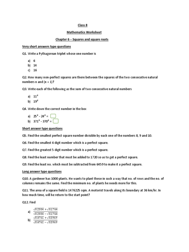 CLASS 8 Squares and Square Roots Math Aug 19 | PDF