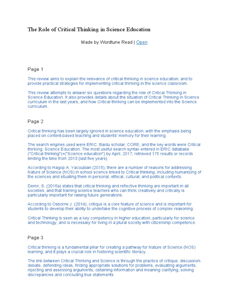 Article Summary of The Role of Critical Thinking in Science Education ...