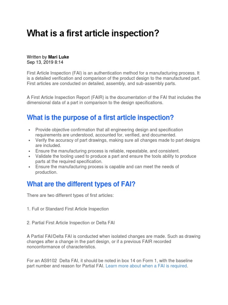 What Is A First Article Inspection | PDF