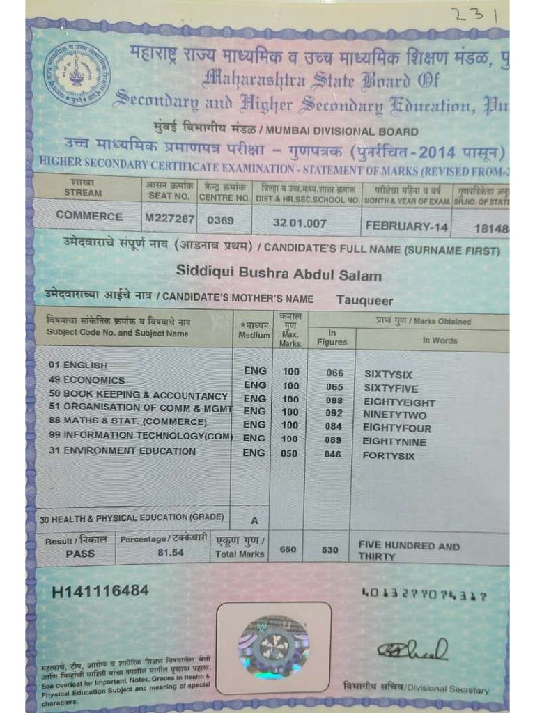 12TH Marksheet | PDF