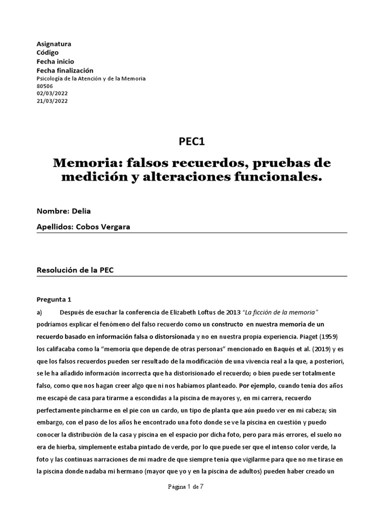 PEC1 DCV Atención y Memoria | PDF | Memoria | Aprendizaje