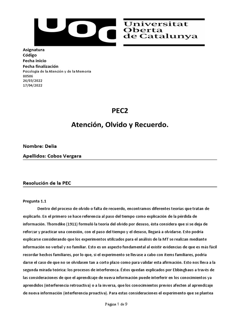 PEC2 DCV Atención y Memoria | PDF