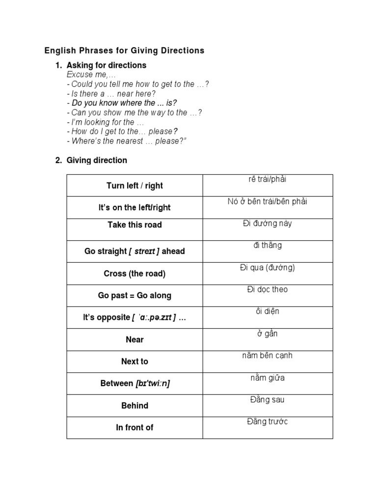English Phrases For Giving Directions | PDF