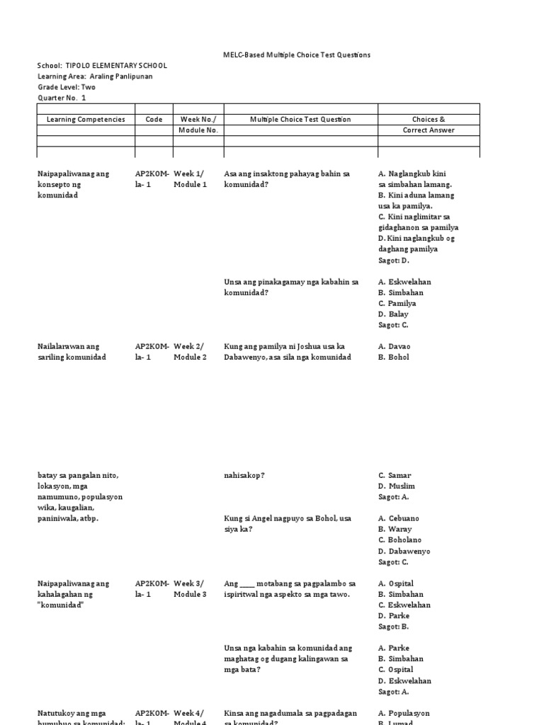 1st Quarter MELC BASED TEST QUESTIONS Grade 2 | PDF