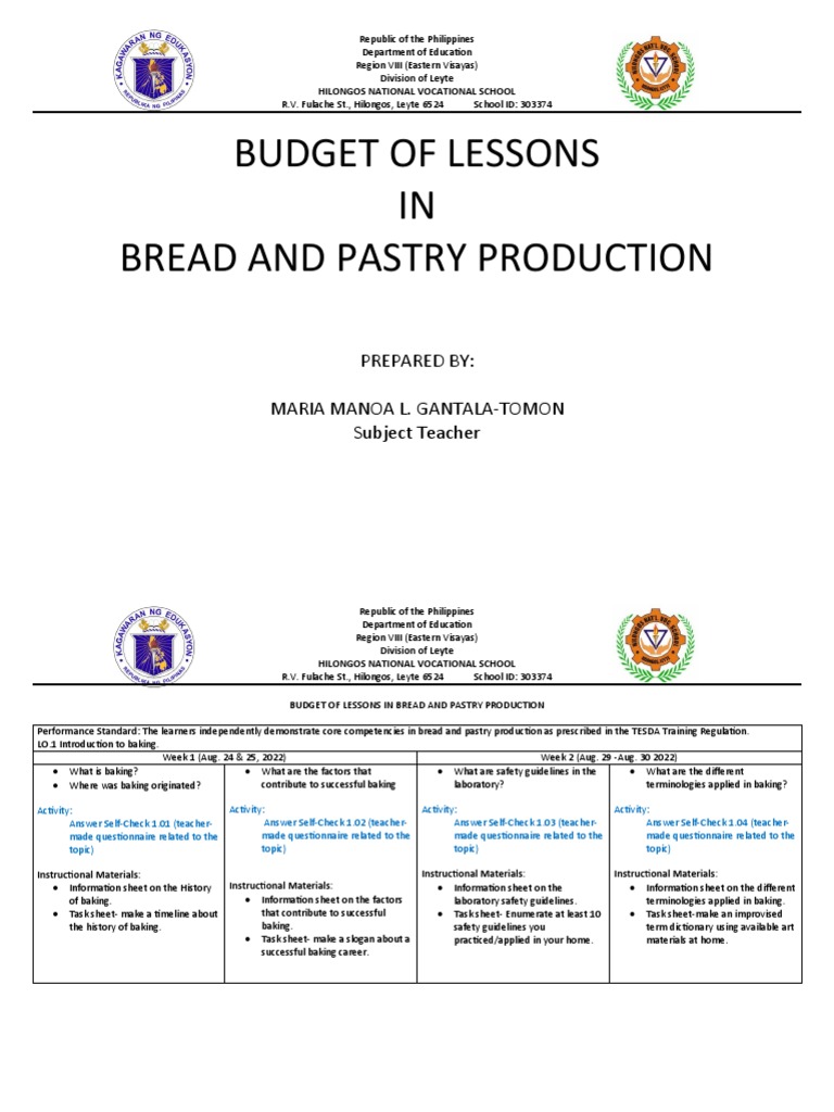 Budget of Lesson For Bread and Pastry Production | PDF | Bakery | Baking