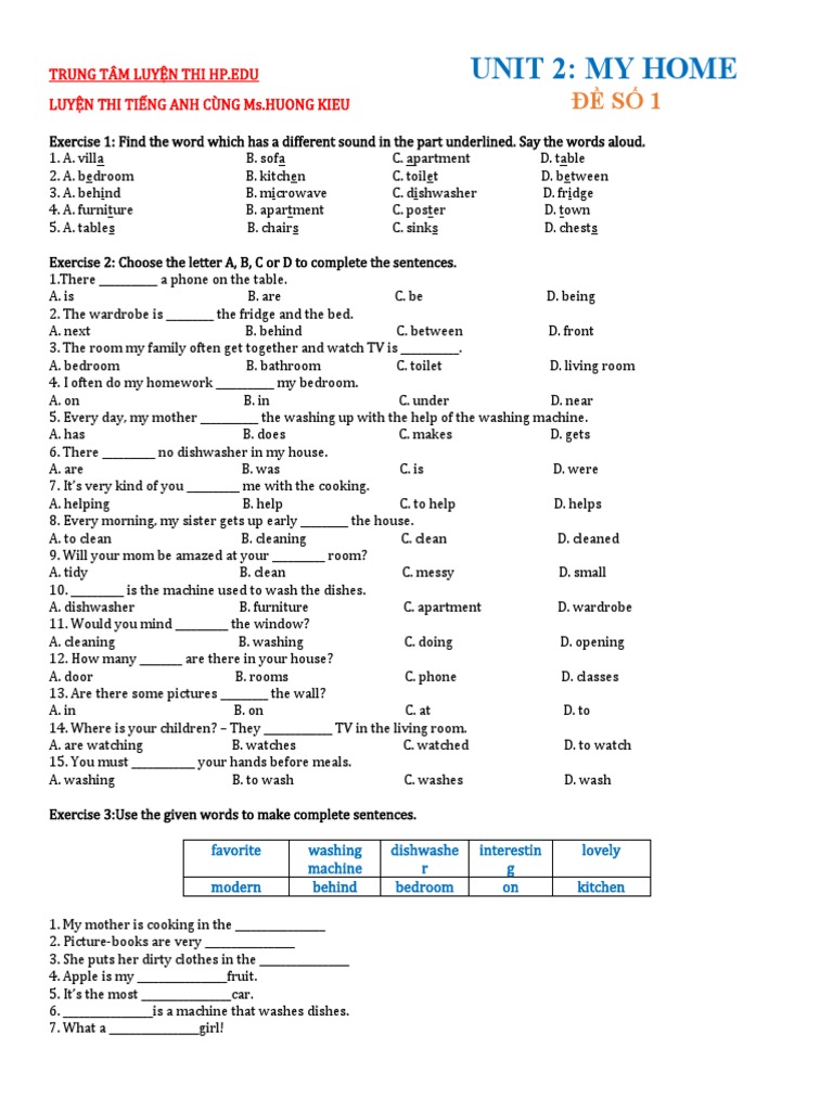 E6 UNIT-2 ĐỀ-1 | Download Free PDF | Room | Dishwasher