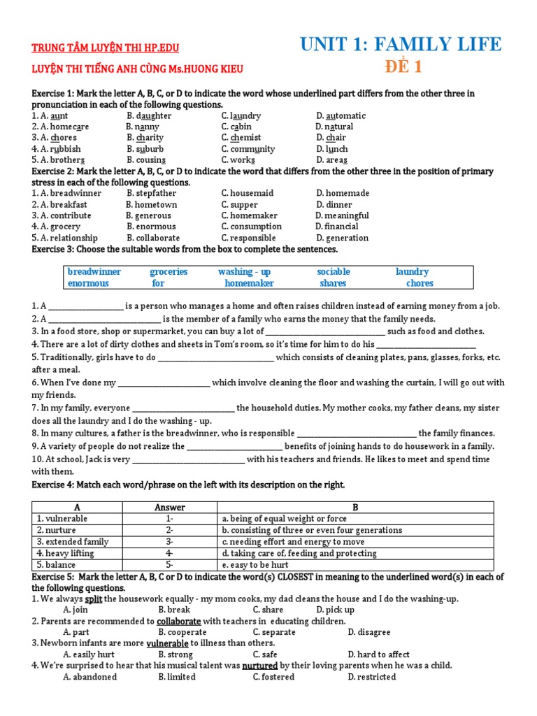 E10 UNIT-1 ĐỀ-1 | PDF | Housewife | Wife