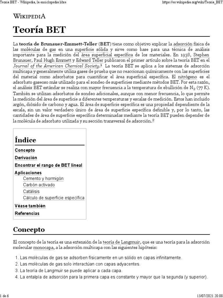 Teoría BET - Wikipedia | PDF | Adsorción | Atmósfera