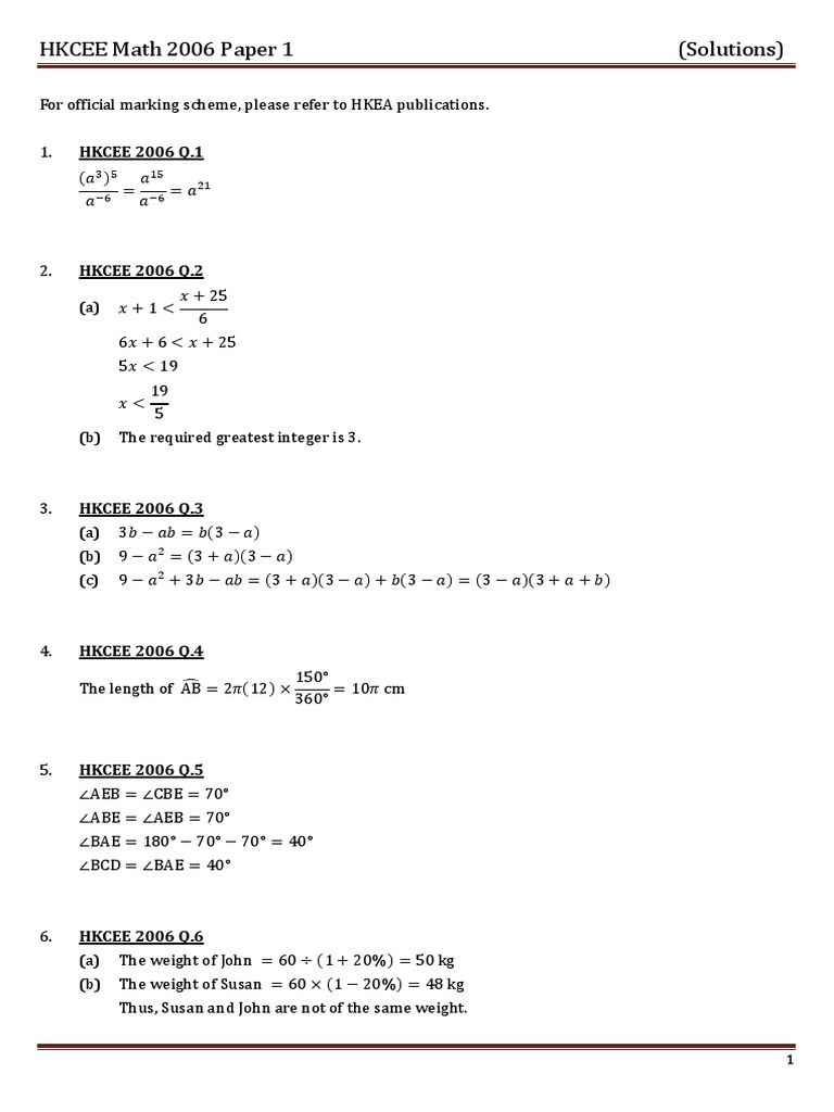 17 Hkcee Math 2006 Paper 1 Solution Only | PDF | Volume | Mathematics
