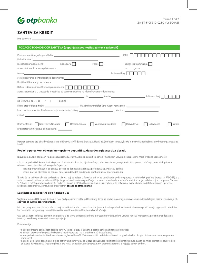 Otp Zahtev Za Kredit 05052021 | PDF
