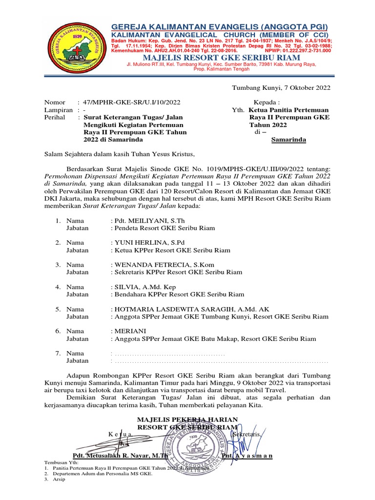 SURAT KETERANGAN TUGAS JALAN KPPer Resort GKE Seribu Riam 2022 | PDF