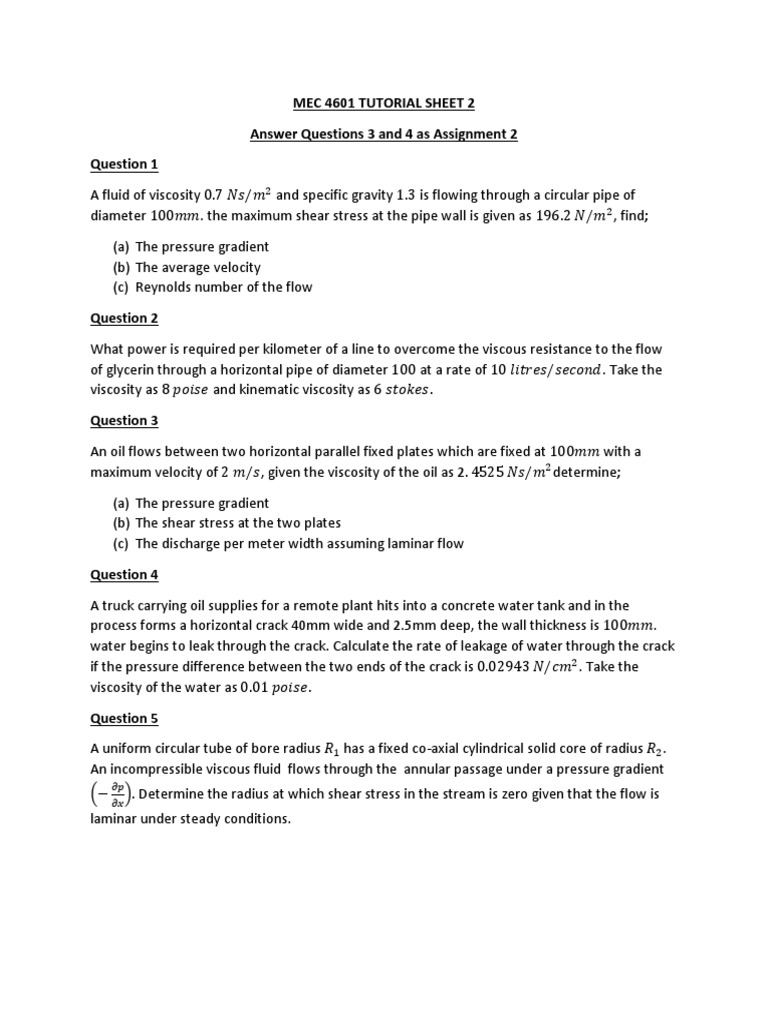 Tutorial Sheet 2 - Incompressible Viscous Flow | PDF