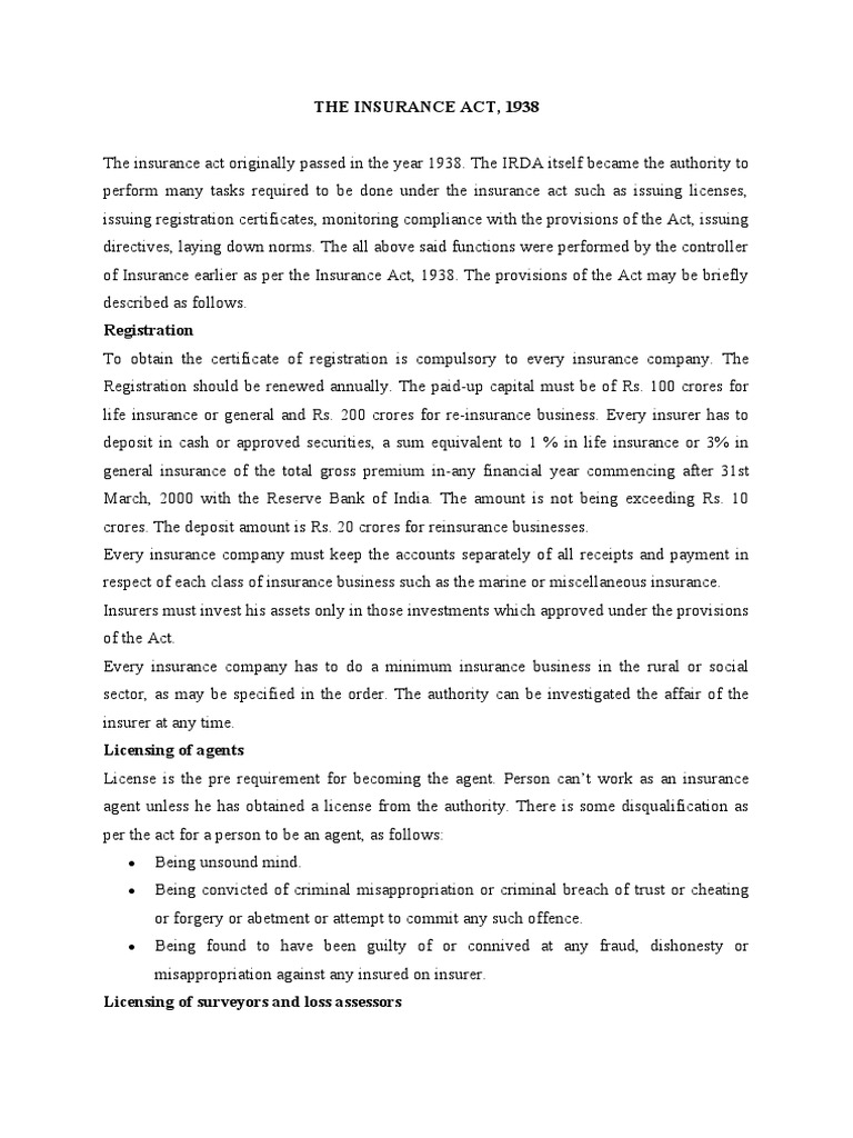 Insurance Act, 1938 | Download Free PDF | Insurance | Reinsurance