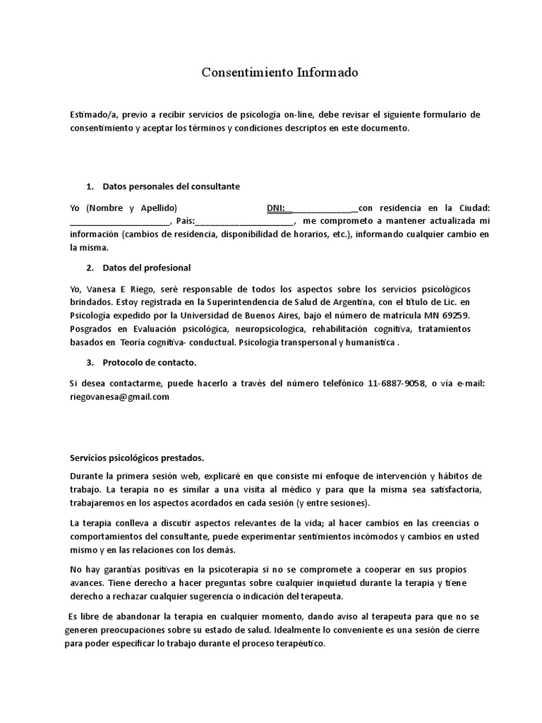 Consentimiento Informado | PDF | Psicoterapia | Historial médico