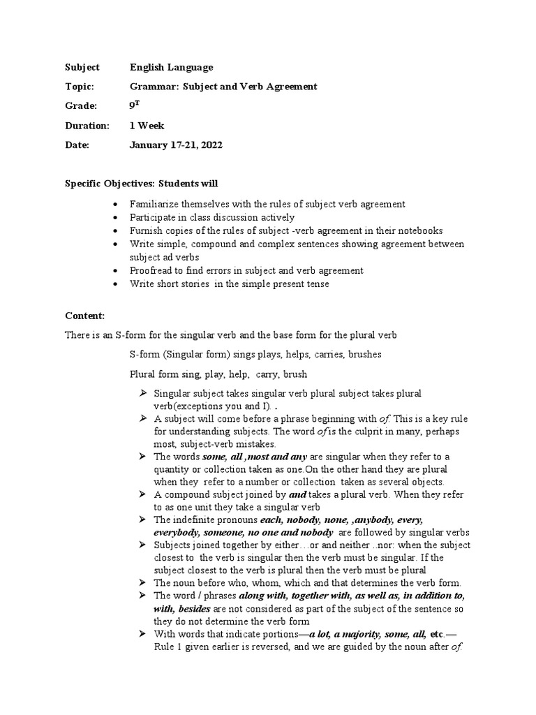 Subject-verb Agreement Lesson Plan Doc