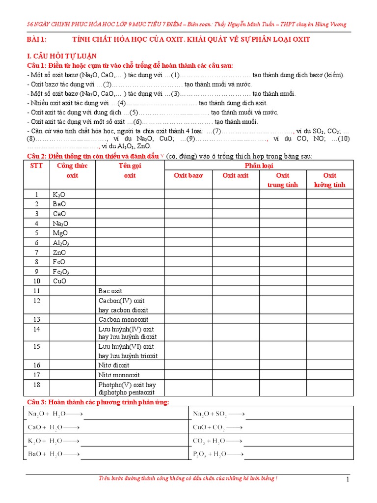 BÀI 1 - TÍNH CHẤT HÓA HỌC CỦA OXIT - ĐỀ BÀI | PDF