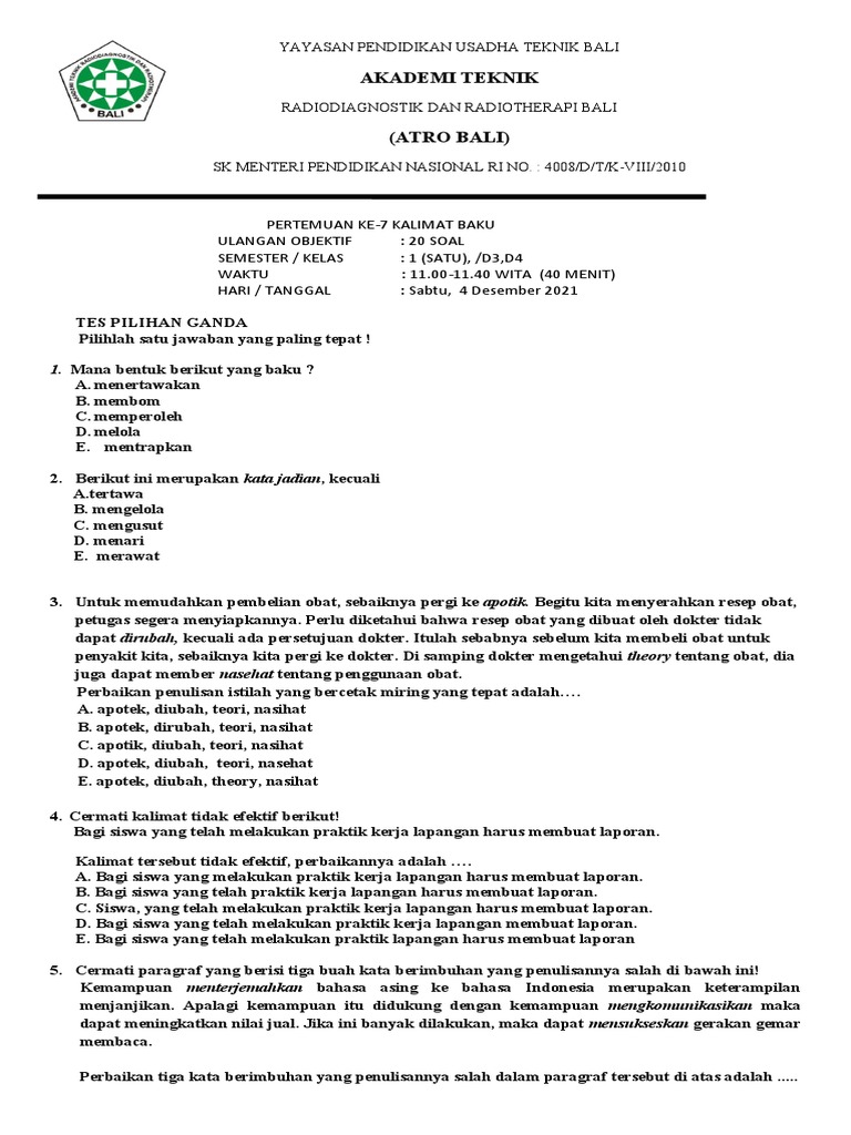 Ulangan Kalimat Baku ATRO Bali | PDF