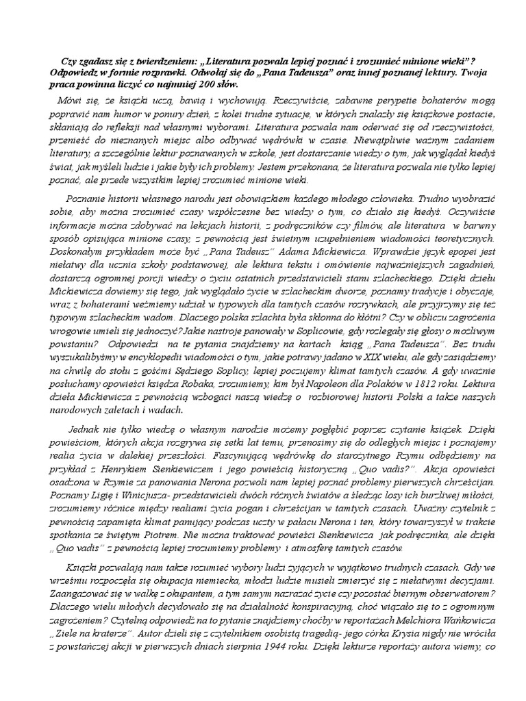 Przykładowa Rozprawka Pan Tadeusz | PDF