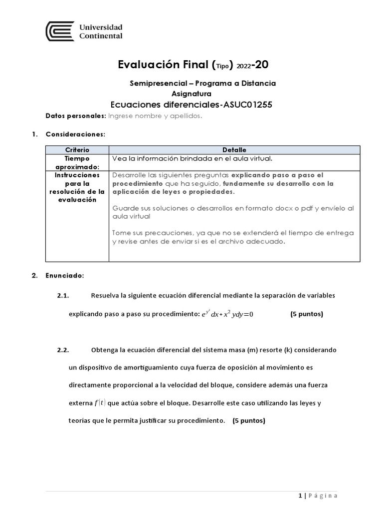 Evaluación Final - Ecuaciones Diferenciales | PDF | Ecuaciones | Fuerza