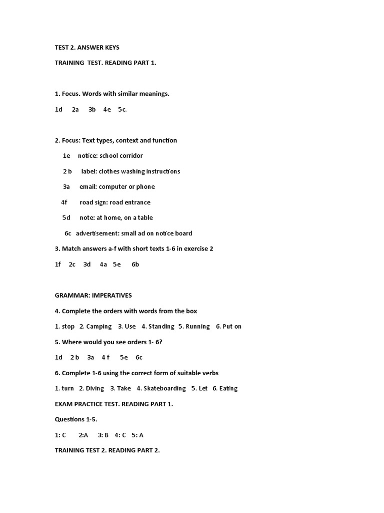 Test 2. Answer Keys | PDF | Test (Assessment) | Sentence (Linguistics)