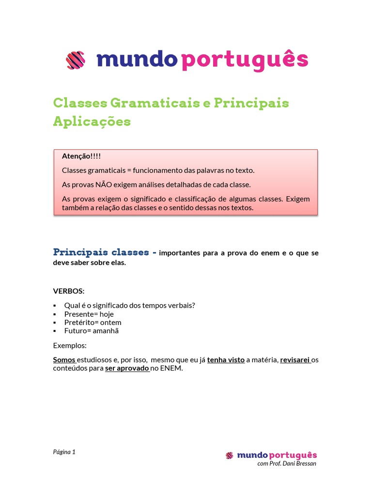 CLASSES GRAMATICAIS 8 e 9 ANOS - 1 | PDF | Pronome | Linguística