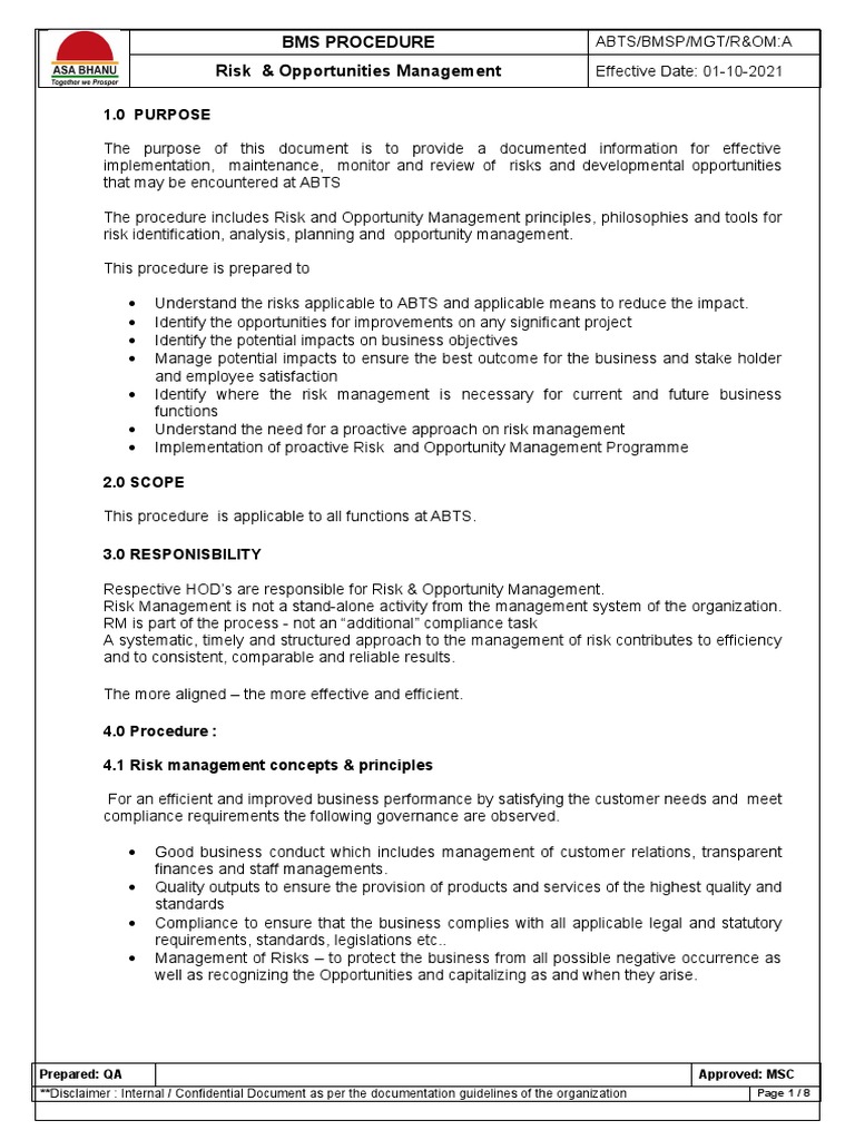 Procedure For Risk and Opportunity Management | Download Free PDF ...