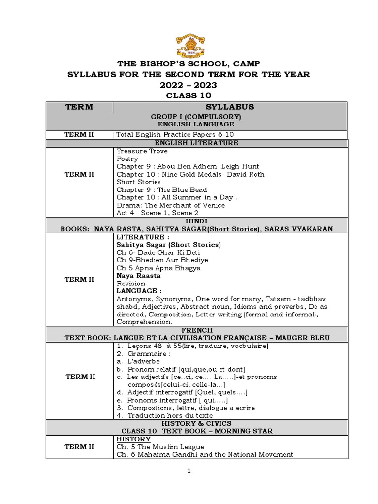 Class 10 Term II Syllabus | PDF | Chemistry | Physical Sciences