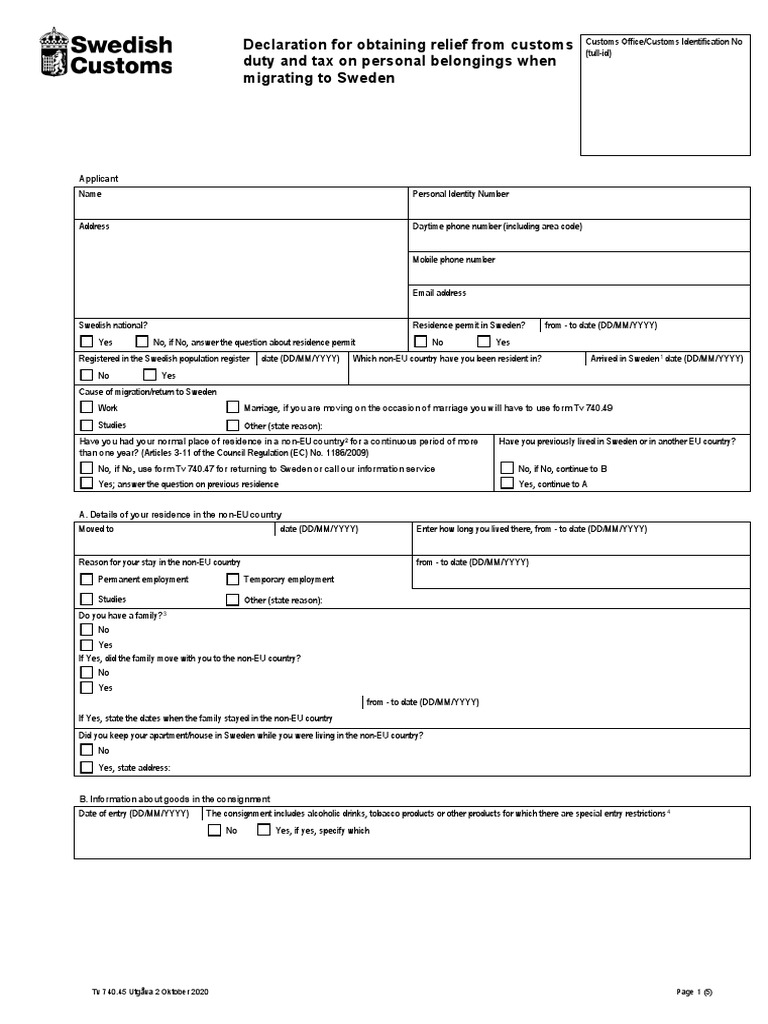 Postnord Flyttsaksförsäkran För Inflyttare Engelska | PDF | Customs ...