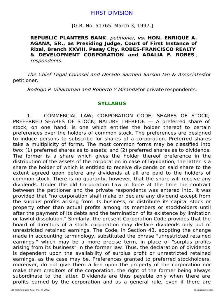 Republic Planters Bank v. Agana, SR (1997) | PDF | Retained Earnings ...
