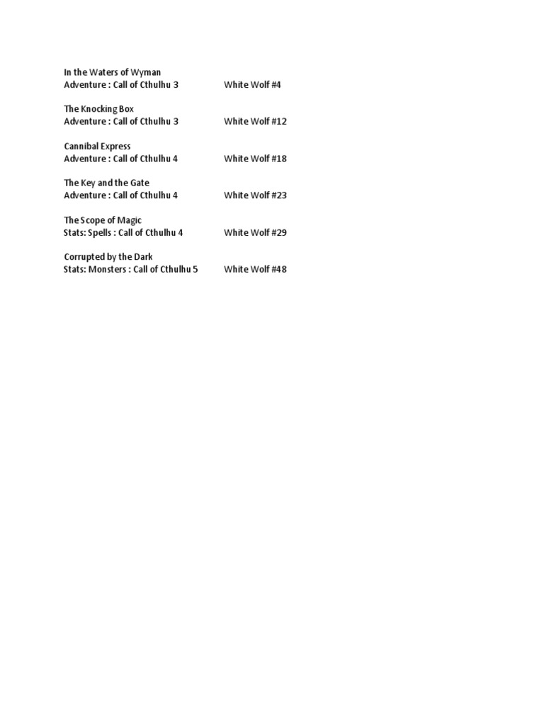 List of Call of Cthulhu in White Wolf Magazine | PDF