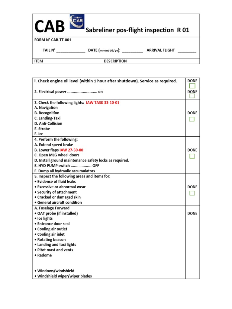 Sabreliner Post-Flight Inspection Report | PDF | Landing Gear | Aviation