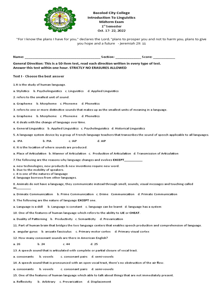 MIDTERM EXAM-linguistics | PDF | Speech | Phonetics