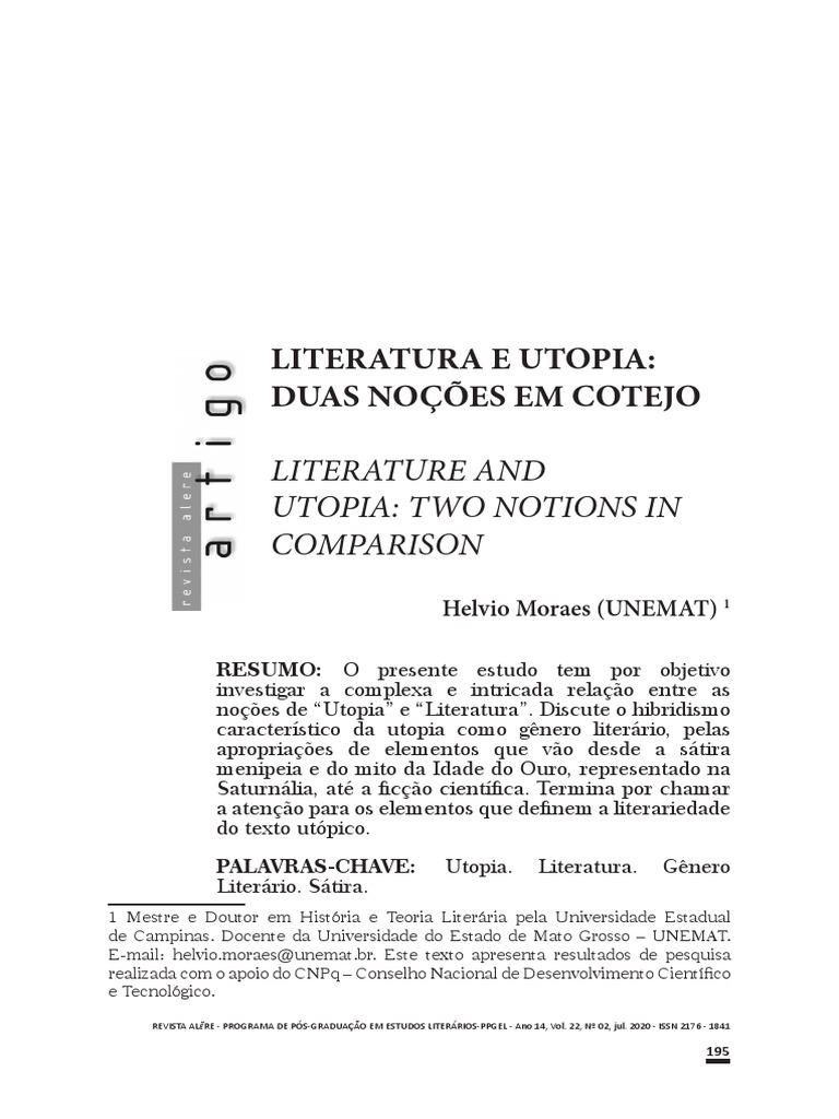Literatura E Utopia: Duas Noções em Cotejo: Literature and Utopia: Two ...