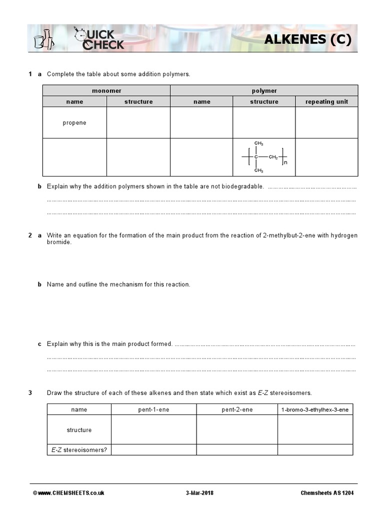 Chemsheets AS 1204 QC Alkenes C | PDF | Technology & Engineering