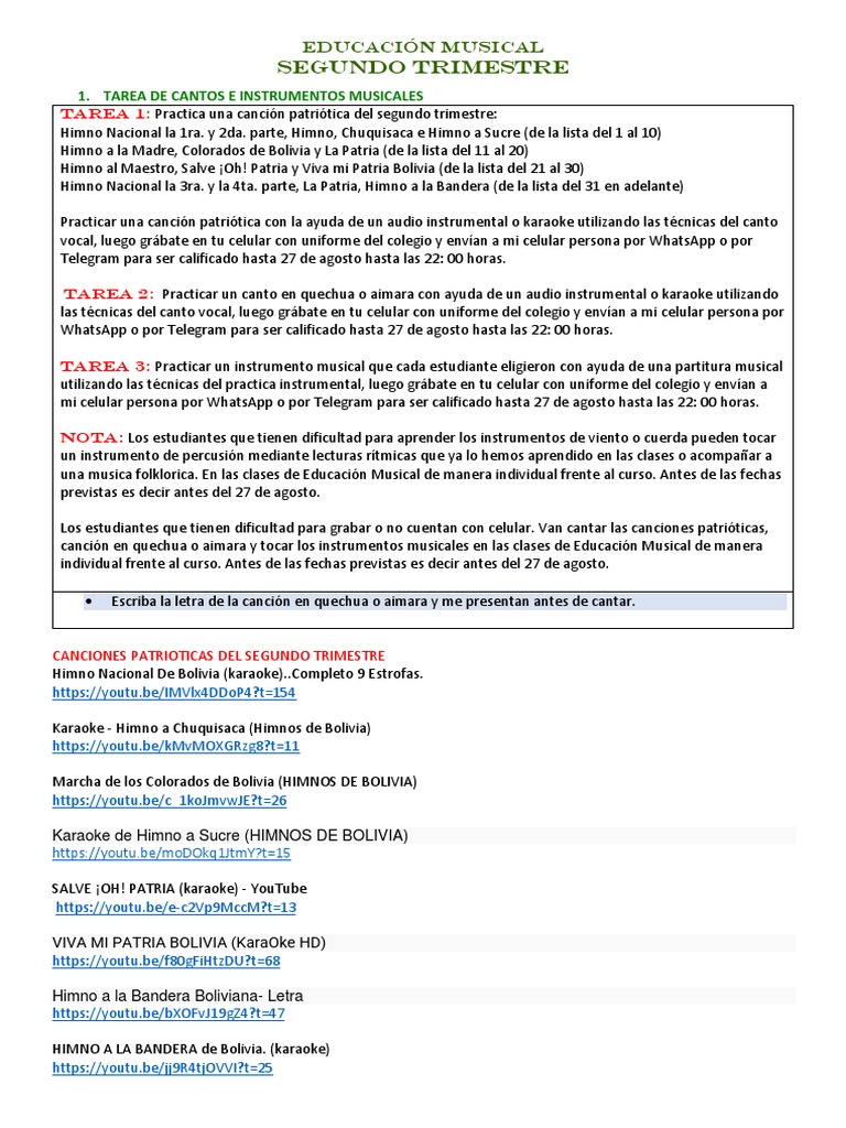 Tareas Musicales del 2º Trimestre | PDF | Bolivia | Las artes escénicas
