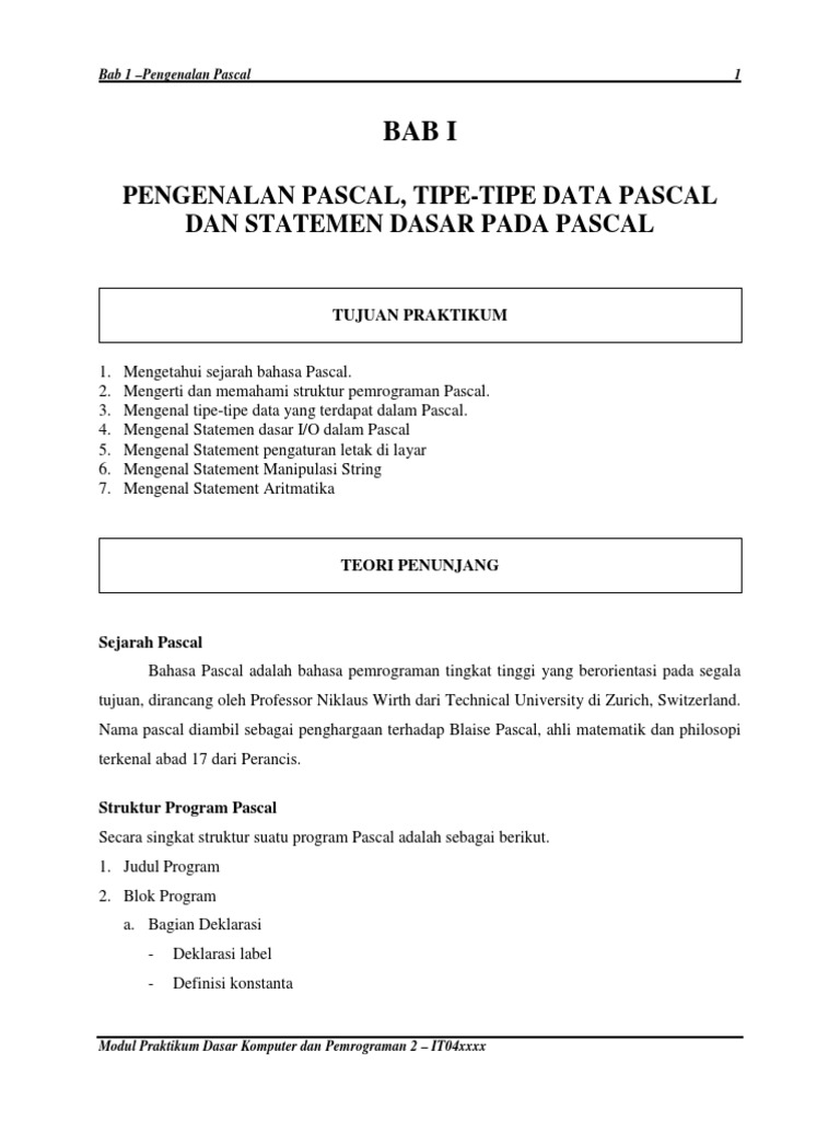 Bab 1 Pengenalan Pascal 1 BAB I PENGENALAN PASCAL, TIPE-TIPE DATA ...