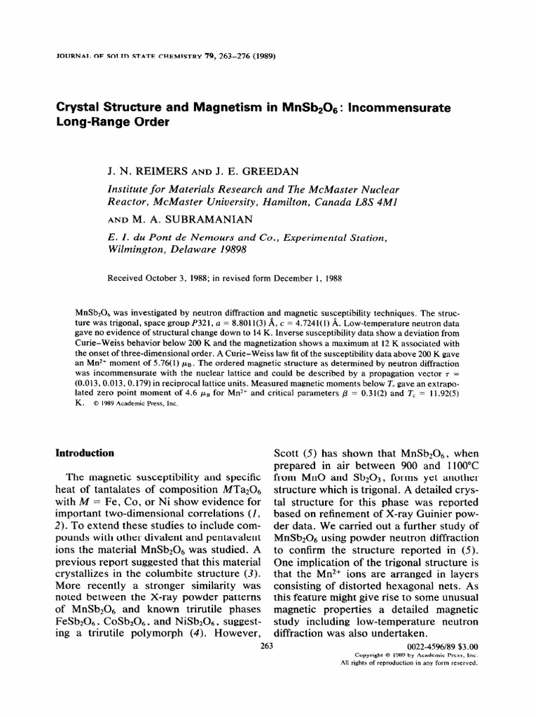 Crystal Structure and Magnetism in MnSb2O6 Incommensurate Long-Range ...