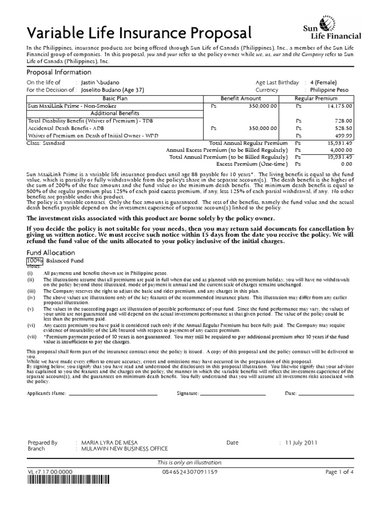 Variable Life Insurance Proposal: 0PROP.07.4 | PDF | Insurance | Life ...