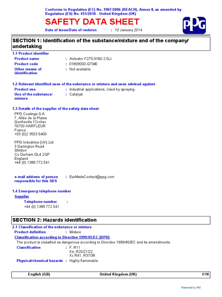 Safety Data Sheet: SECTION 1: Identification of The Substance/mixture and of The Company ...