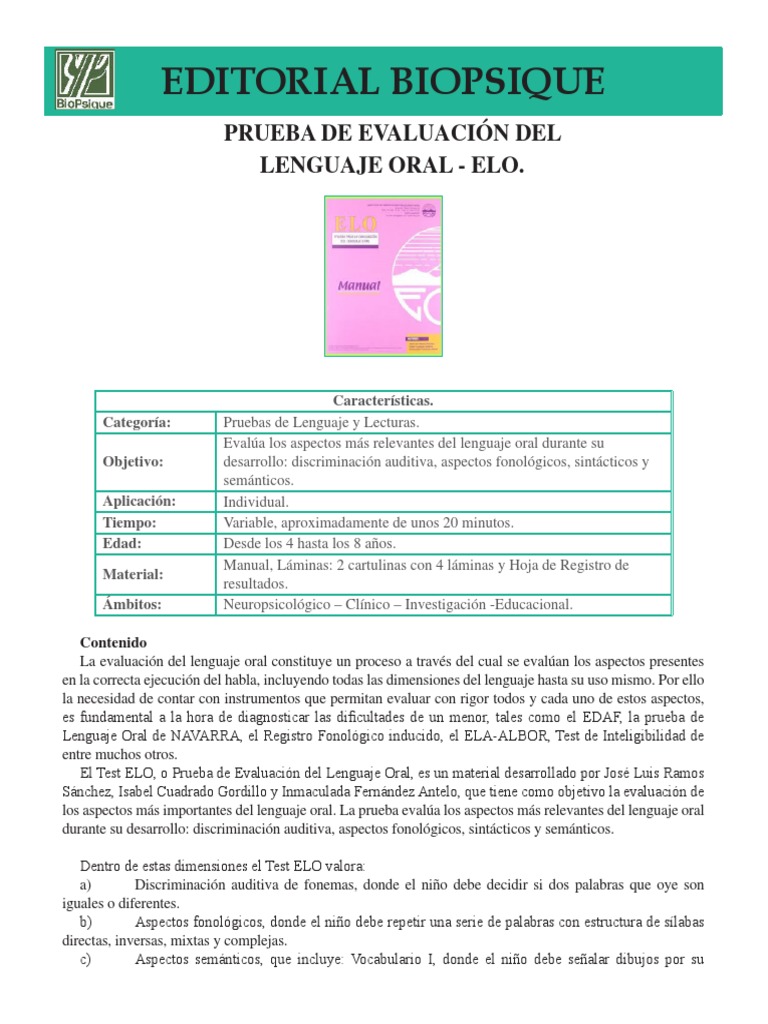 LEN 14 Prueba de Evaluacion Del Lenguaje Oral ELO | PDF | Palabra | Evaluación