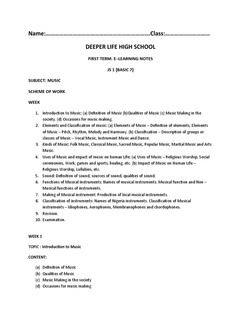 Basic 7 Music 1ST Term E-Notes | PDF | Psychotherapy | Musical Instruments