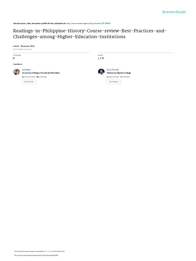 Readings in Philippine History Course Review Best Practices and Challenges Among Higher ...