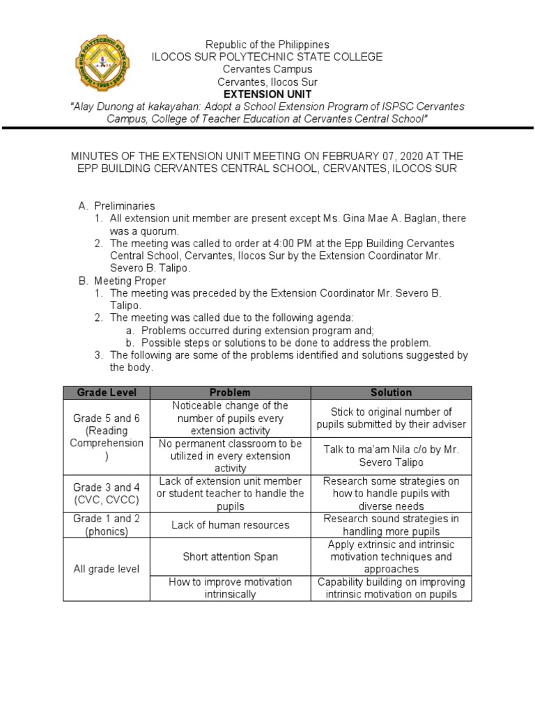 ISPSC Extension Unit Meeting Minutes | PDF | Motivation | Motivational